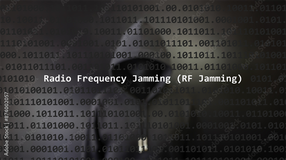 Cyber attack radio frequency jamming (rf jamming) text in foreground screen, anonymous hacker ...
