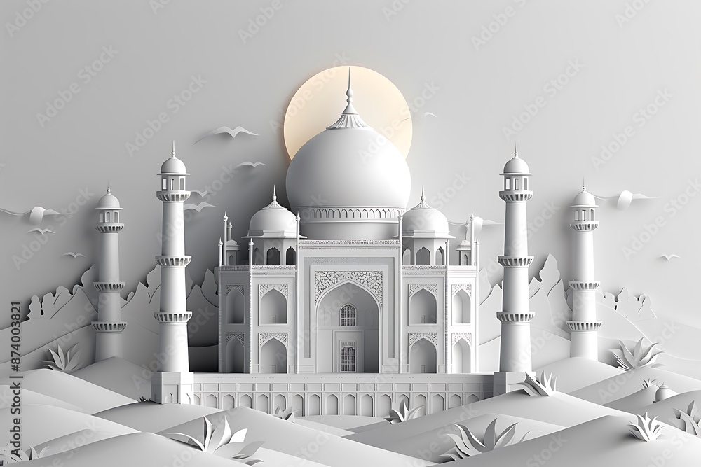 Intricate and detailed white paper-cut Taj Mahal with a glowing moon ...