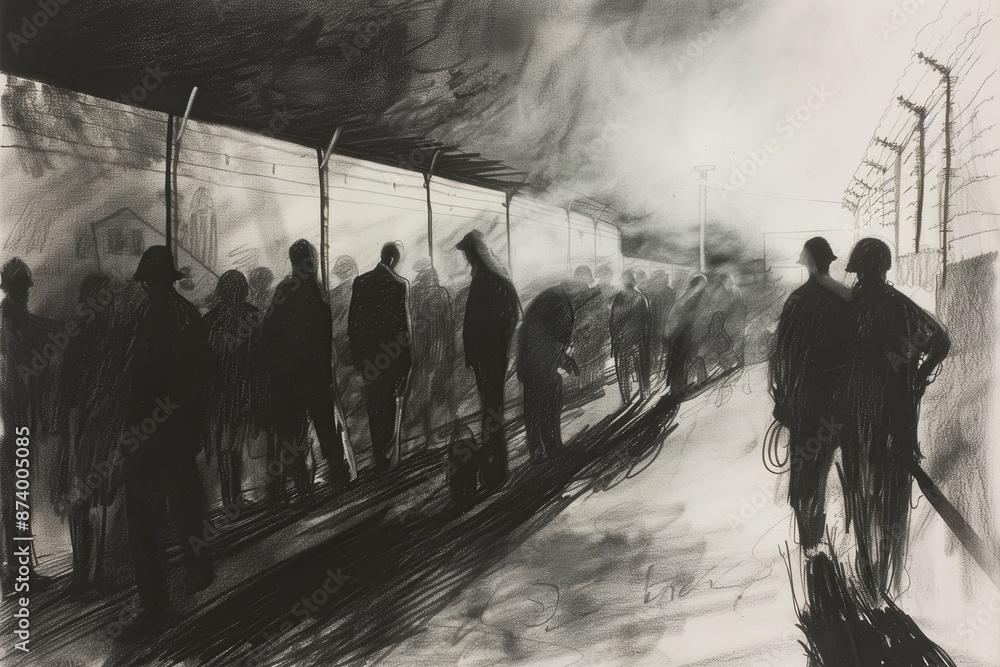 Graphite and style chalk drawing depicting a World War II prisoner of ...