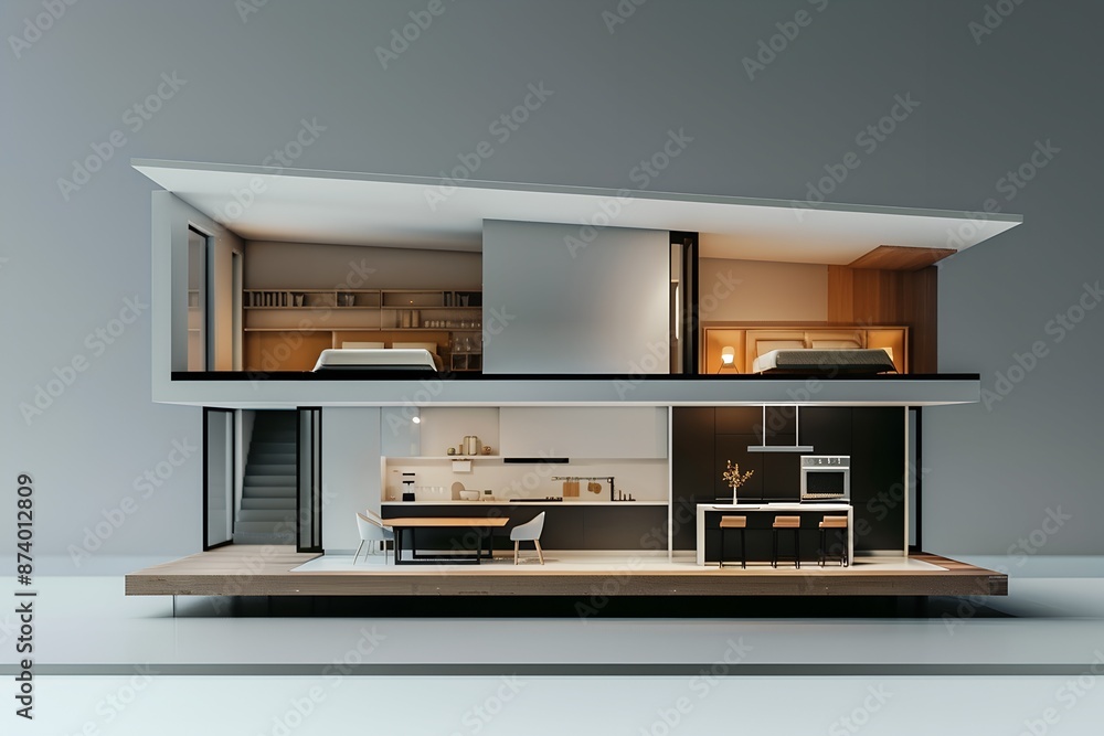 Miniature model of house in section with interior rooms, building ...