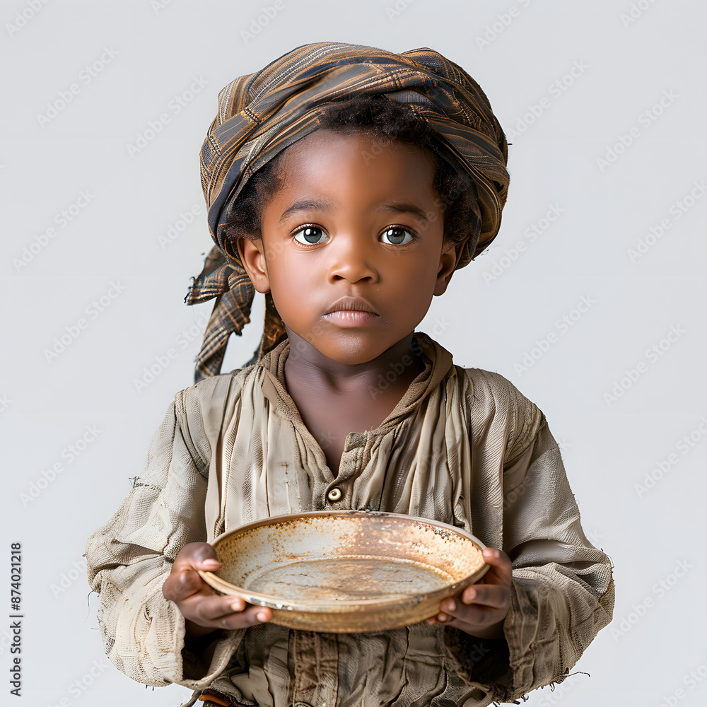 young African American boy holding an empty plate, dressed in simple ...