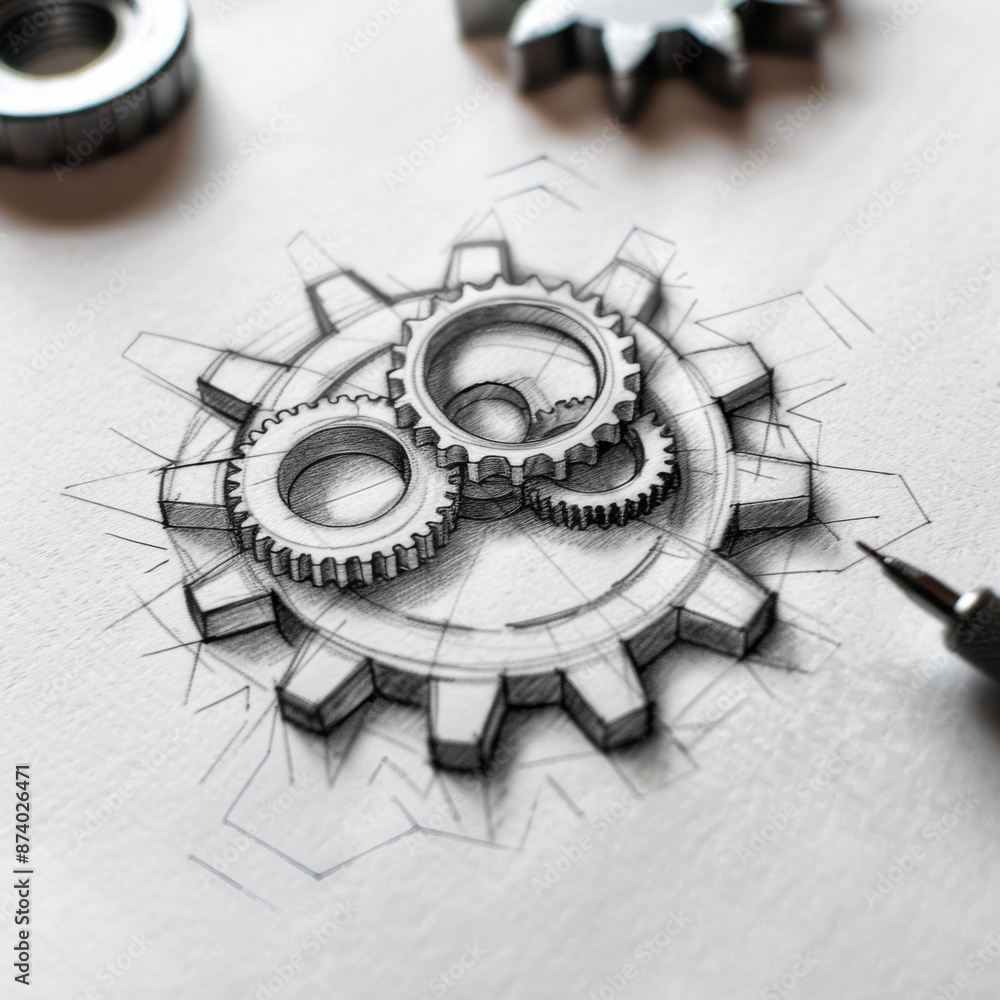 Interlocking metallic gears in hand-drawn sketch style on textured ...