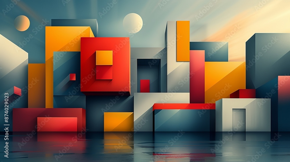 Create a cubic composition with angular shapes and contrasting colors ...