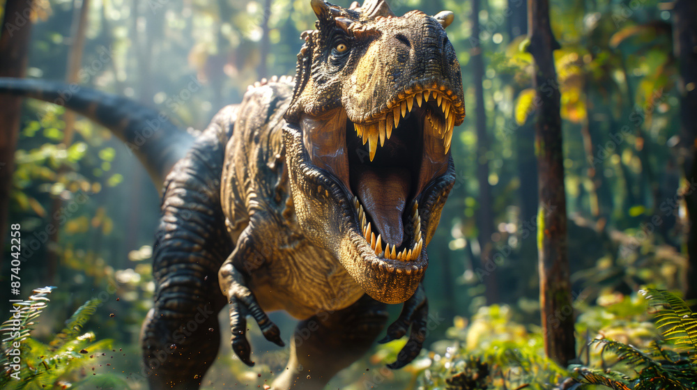 Ferocious T-Rex roaring in a dense, prehistoric jungle with sunlight ...