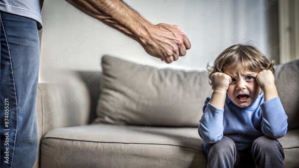 A menacing male fist looms over a terrified child's downturned face ...