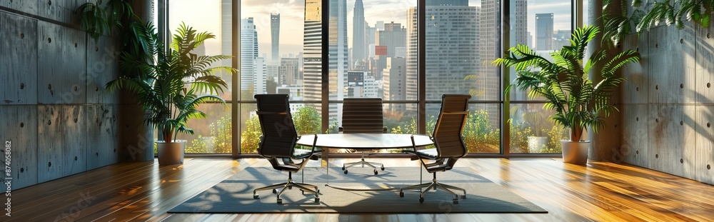 Four grey chairs around table in dining room view on a big window with ...
