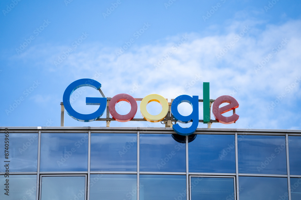 Google logo sign on the office building in Wrocław. American ...