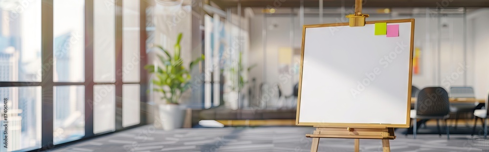 An office space with a flip chart and sticky notes, in a modern loft ...