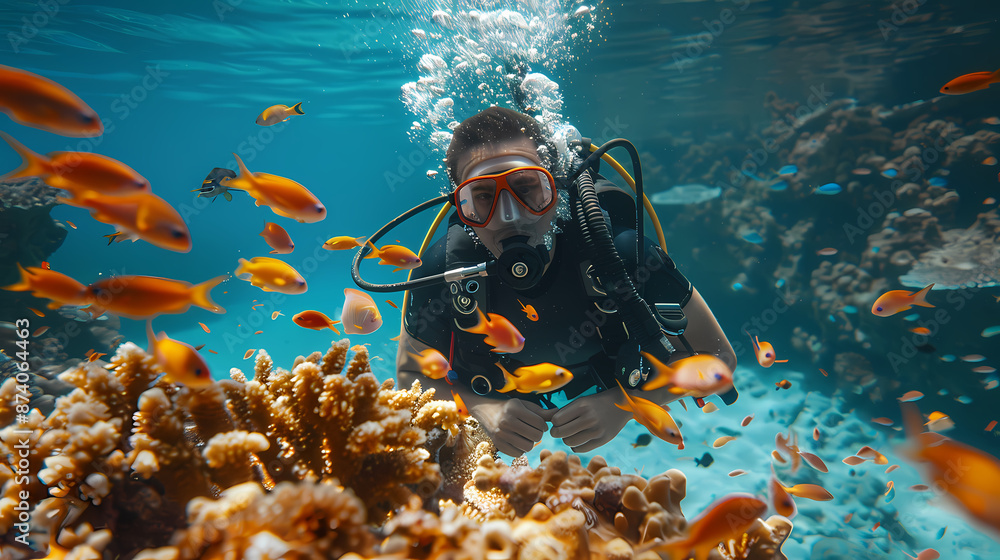Taking a scuba dive in crystal clear tropical waters, exploring vibrant ...
