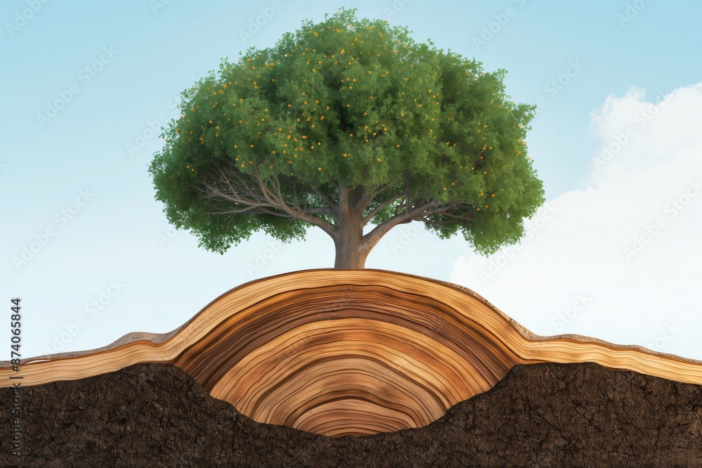 Tree growing on a cross section of soil layers is revealing its wood ...