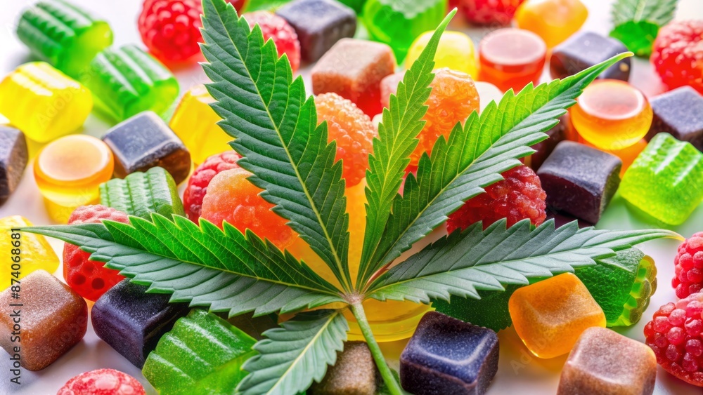 Colorful gummy candies infused with delta 8 THC cannabis, arranged on a ...