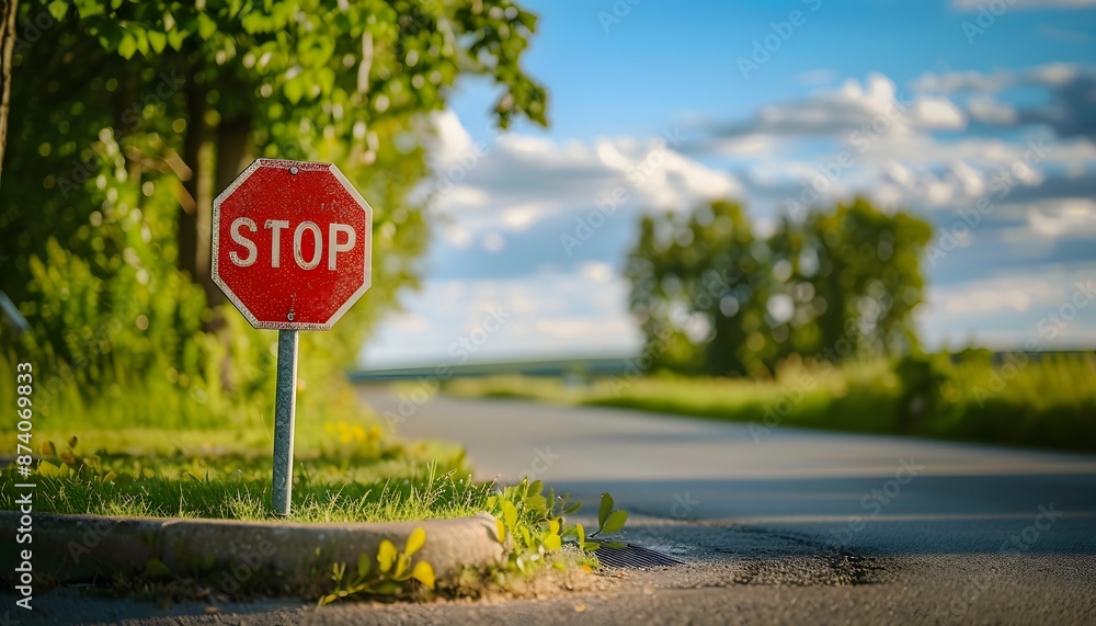 Stop sign at an intersection on the side of road in summer day. Close ...