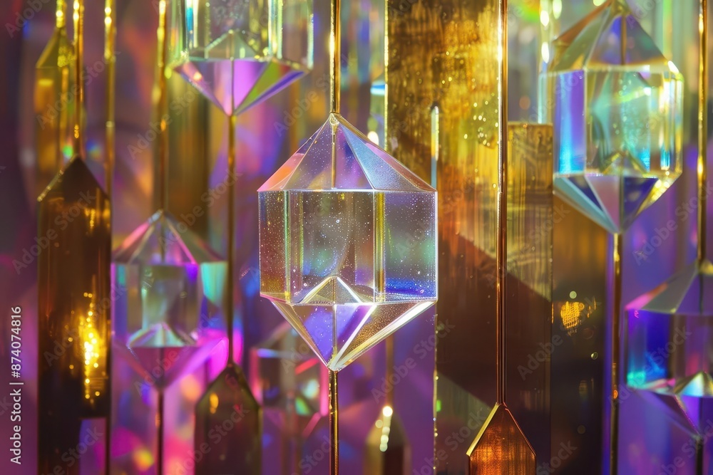 art deco inspired holographic sculpture garden shimmering gold geometry ...