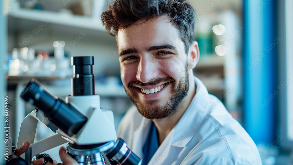 Smiling researcher with microscope in a laboratory. A happy scientist ...