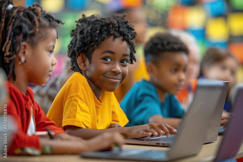 diverse classroom technology multicultural group of elementary students ...