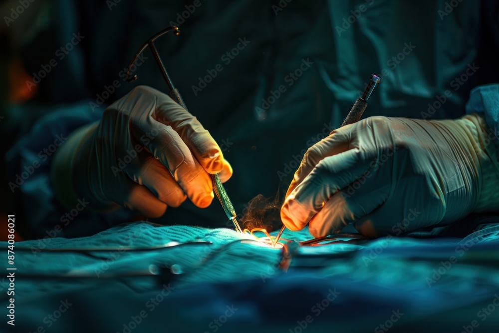 A close-up of a surgeon hands as they perform a laparoscopic ...