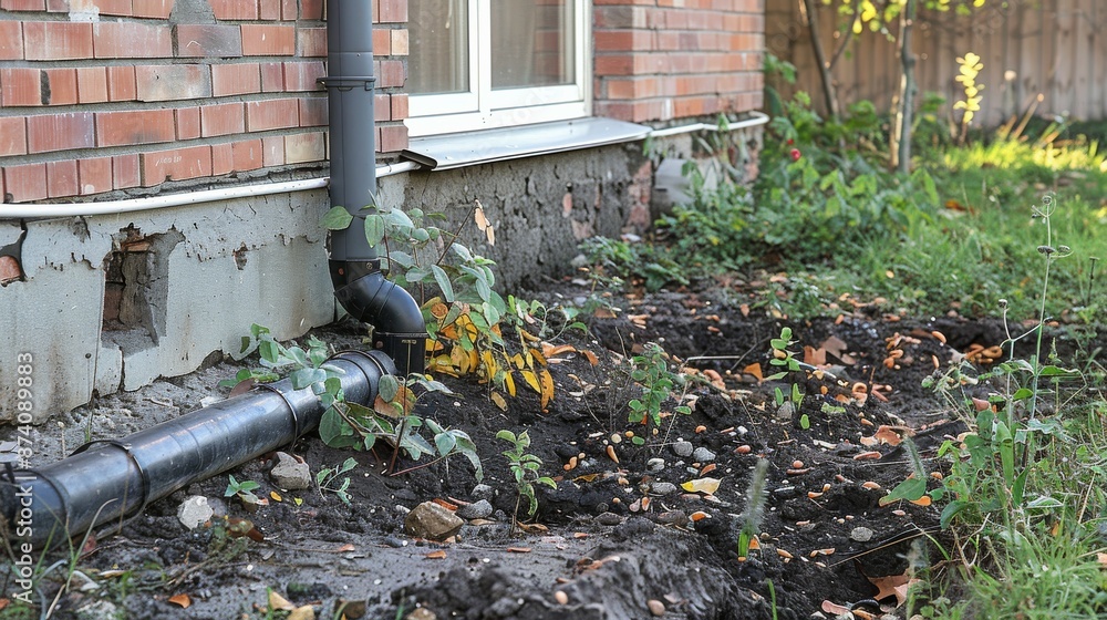 Detailed view of underground drainage pipe connection to gutter ...