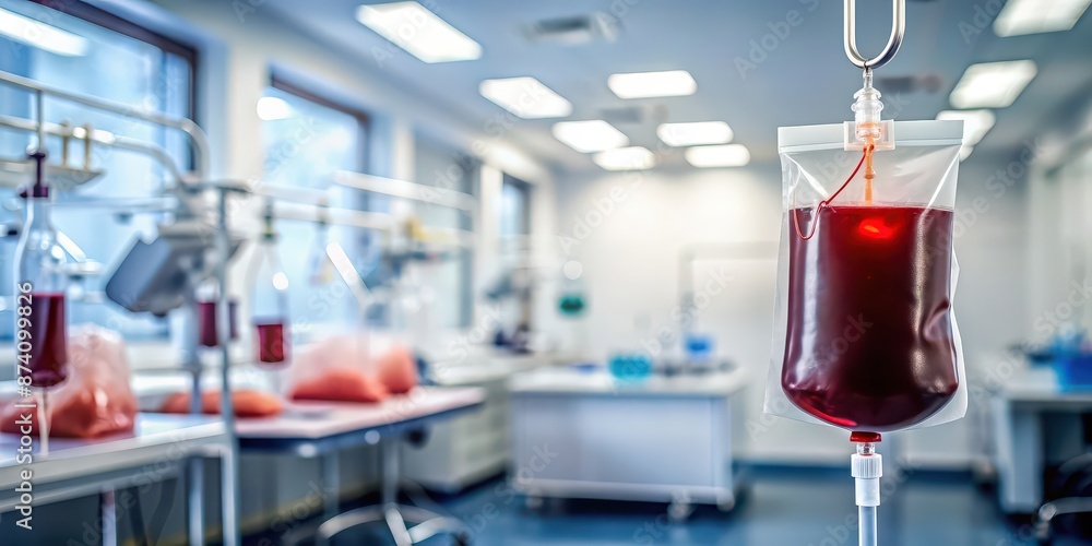 Blood bag hanging in a blood bank laboratory , transfusion, medical ...