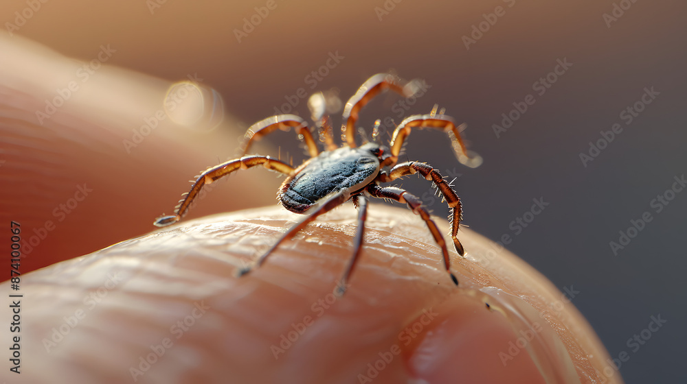 tick on human skin, highlighting the detailed features of the insect ...