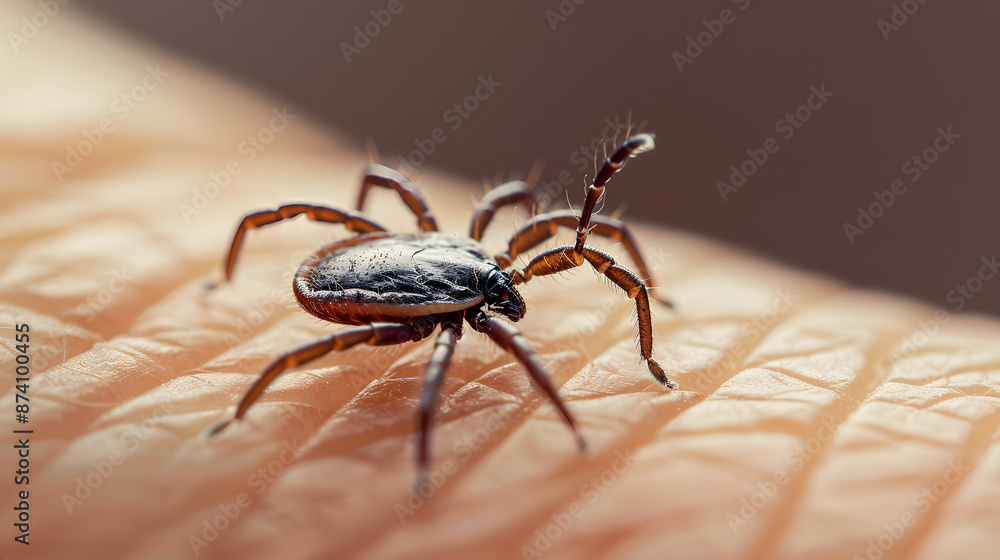 tick on human skin, highlighting the detailed features of the insect ...