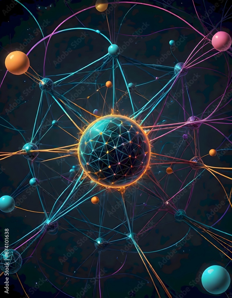 Interconnected glowing spheres in space, representing a network or system, with the larger ...
