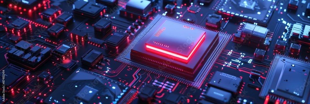 Exploit. Database breach warning concept. Hacker attack on hardware microchip, 3D render of ...