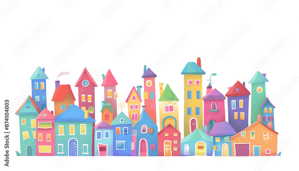 2d cartoon, city with colorful country houses frontal superimposed on a ...