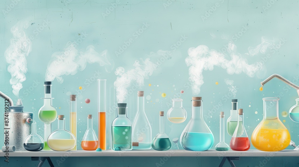 Colorful laboratory glassware with chemical reactions, generating smoke ...
