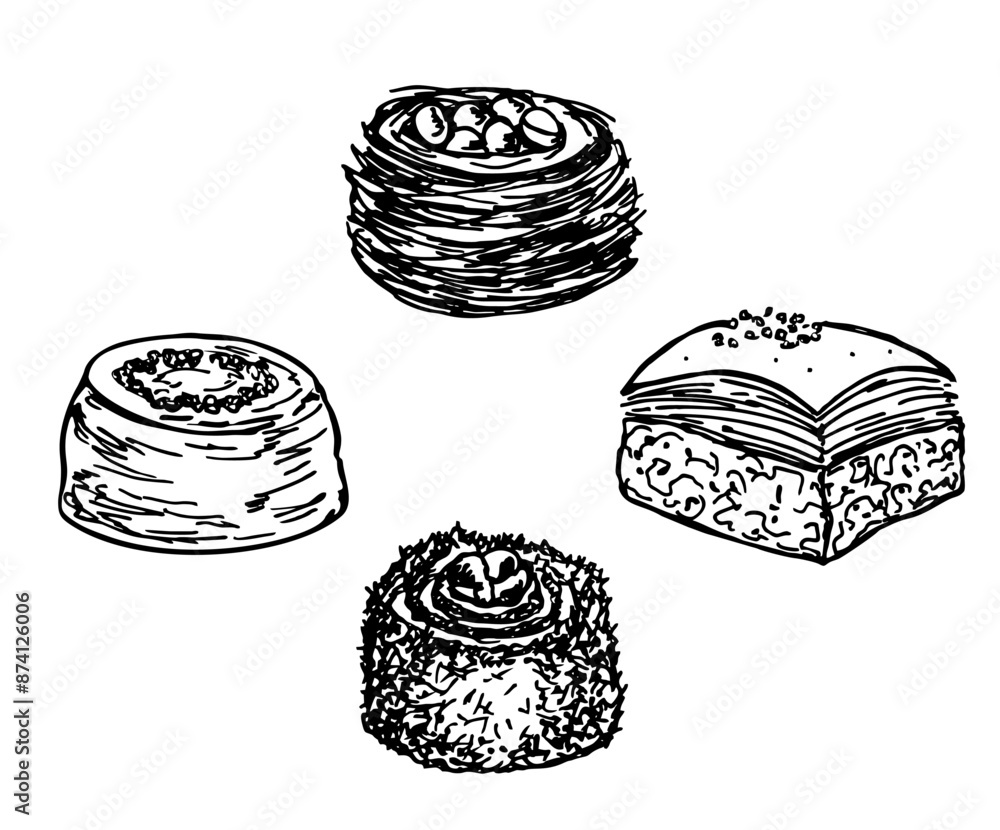 Assorted Oriental sweets sketch. Engraved baked arabic dessert. Hand ...