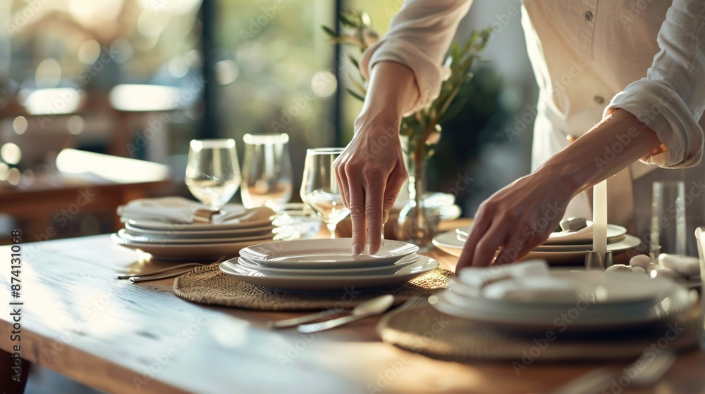 Hands placing plates, cutlery, and glasses on a minimalist dining table ...