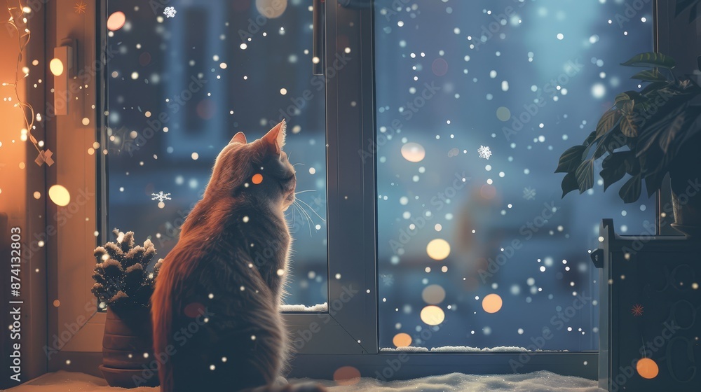 Cat Watching Snowfall Through Window - A cat sits by a window looking ...