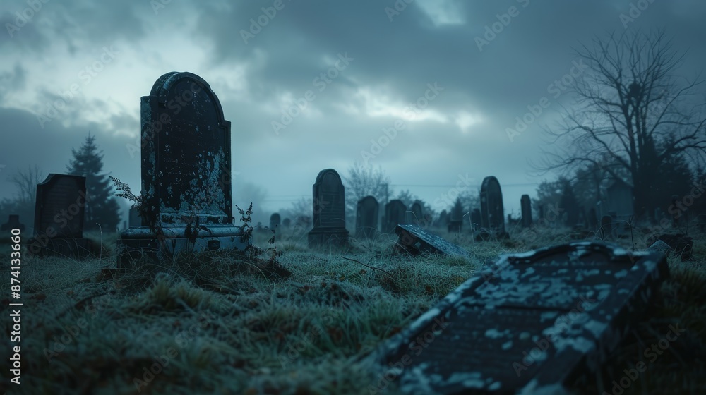 Eerie Graveyard Under a Gloomy Sky - A graveyard shrouded in mist and ...