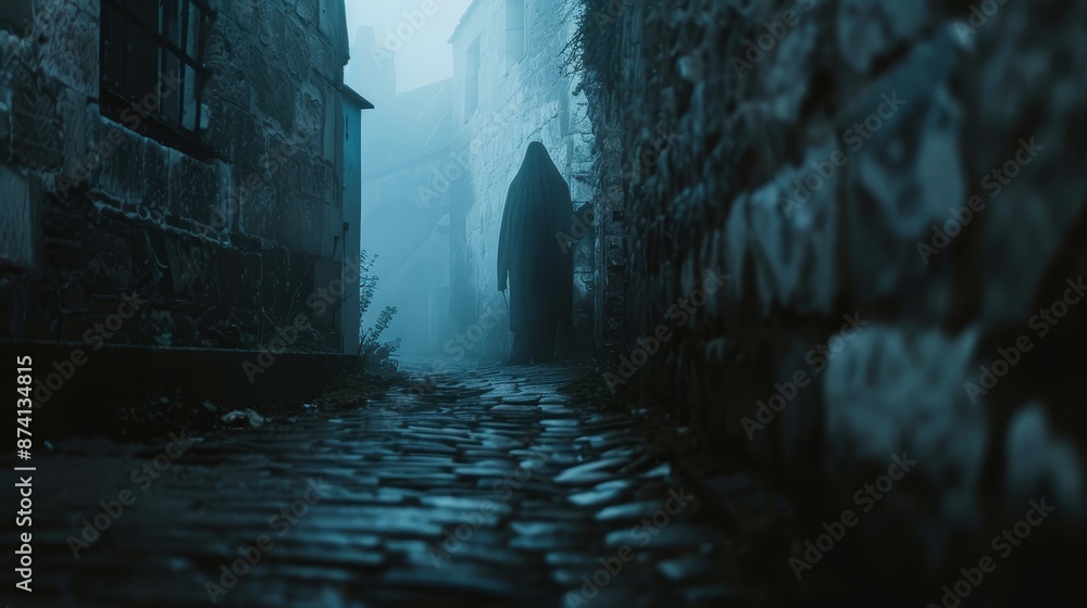 Mysterious Figure in a Foggy Alley - A mysterious figure walks down a cobblestone alley shrouded ...