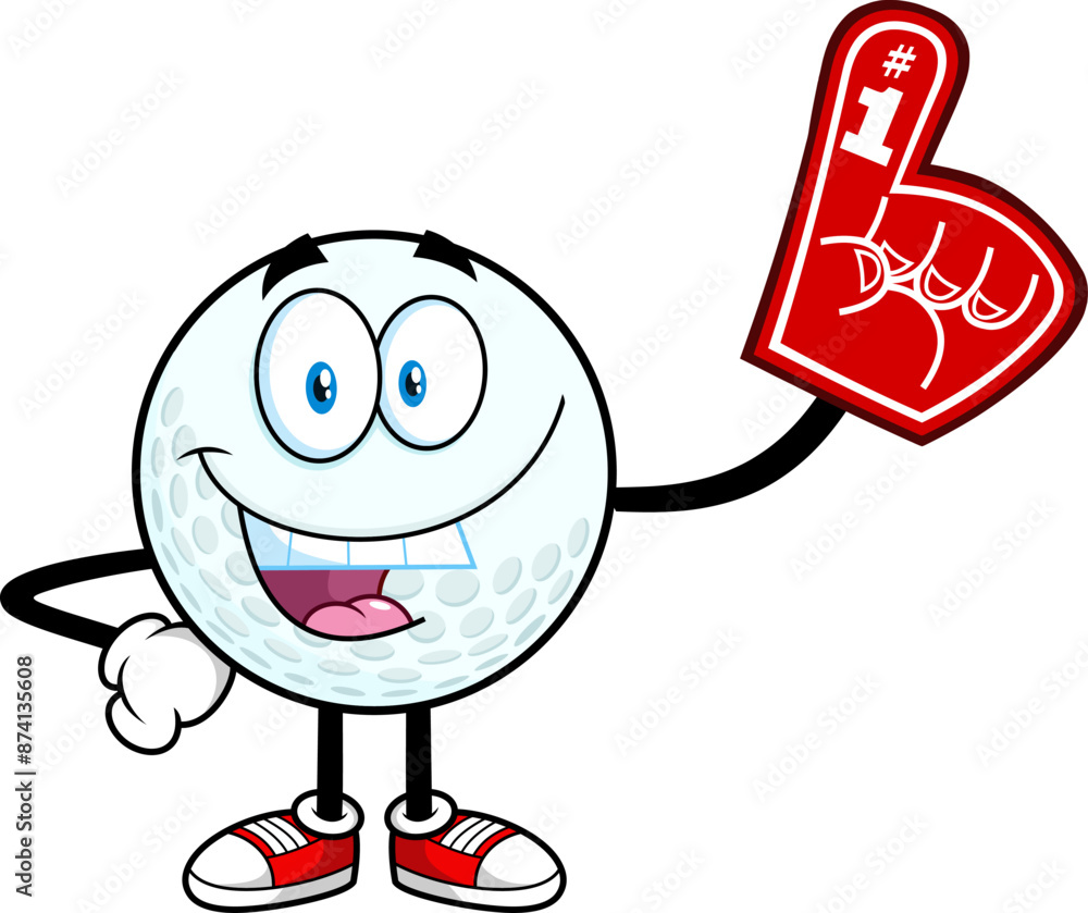 Happy Golf Ball Cartoon Character Showing A Number One Foam Finger ...
