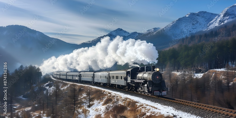Vintage steam train travels through mountainous landscape historic ...