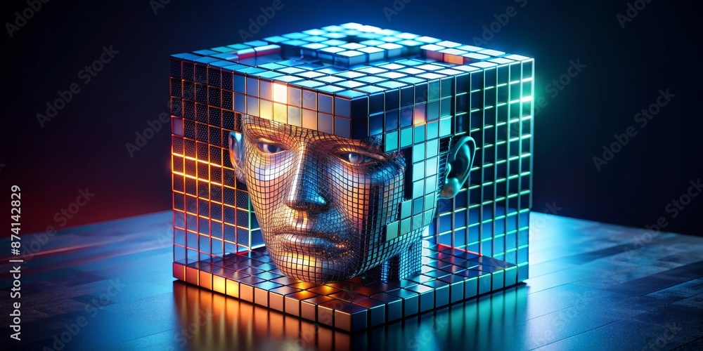 Futuristic voxel illustration of artificial cubes in pixel virtual ...