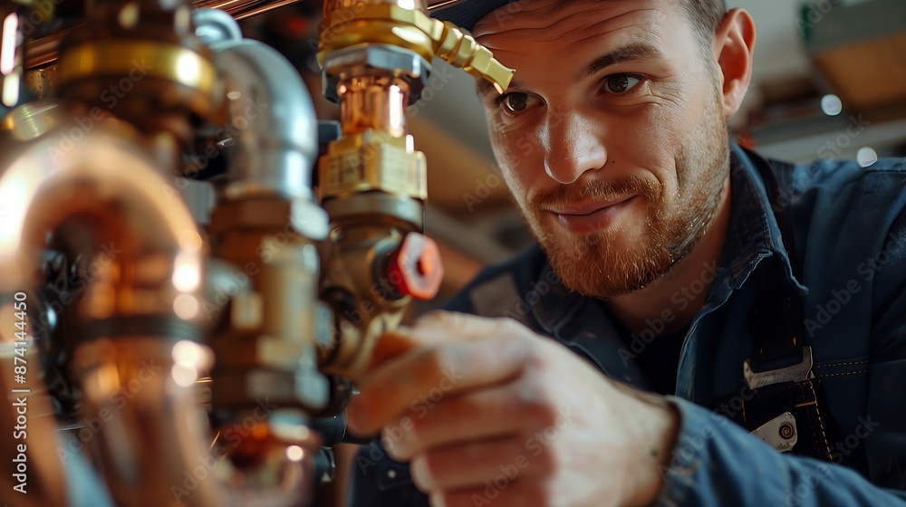 Detailed view of a plumber fixing copper pipelines and fittings for a ...