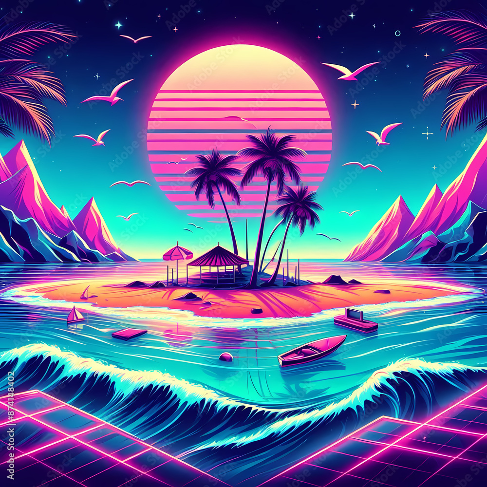 aesthetic beach synthwave retrowave wallpaper vibrant neon design synthwave island illustrations ...