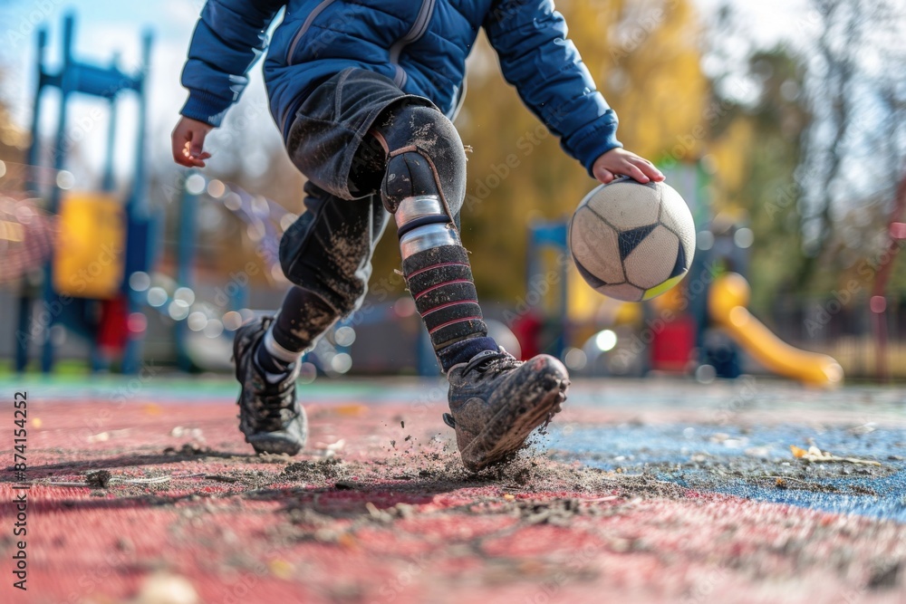 Child with prosthetic leg kicking football. Bright daylight, inclusive ...