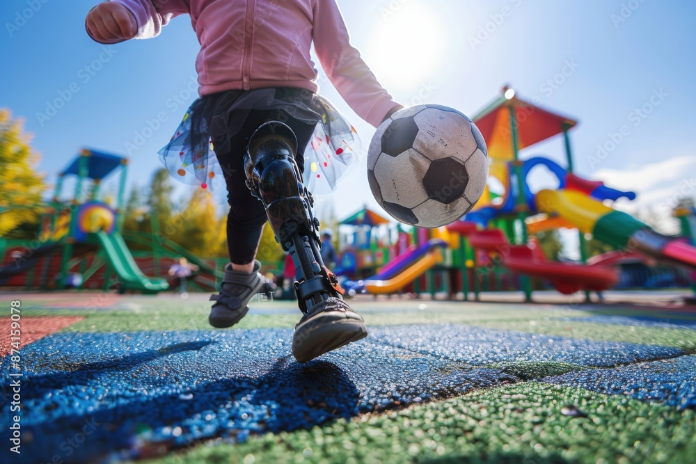 Child with prosthetic leg kicking football. Bright daylight, inclusive ...