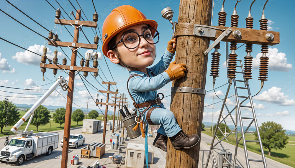 3D Caricature of a Utility Worker Climbing a Pole to Fix an Electrical ...