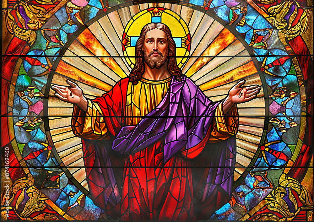 Jesus Christ portrayed in a stained glass window style, vivid colors ...