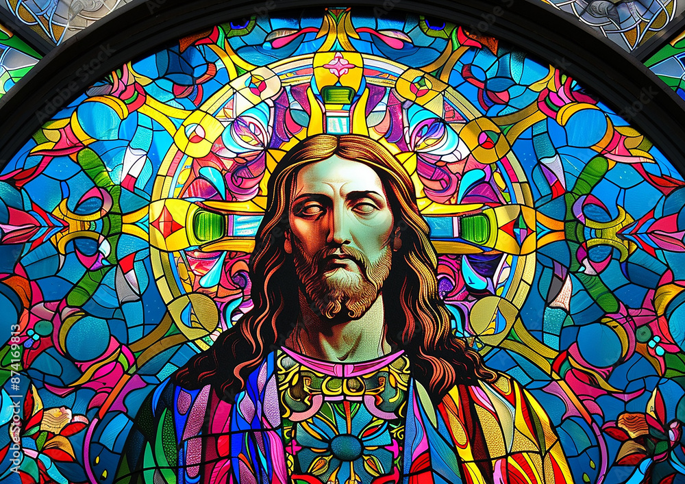Jesus Christ portrayed in a stained glass window style, vivid colors ...