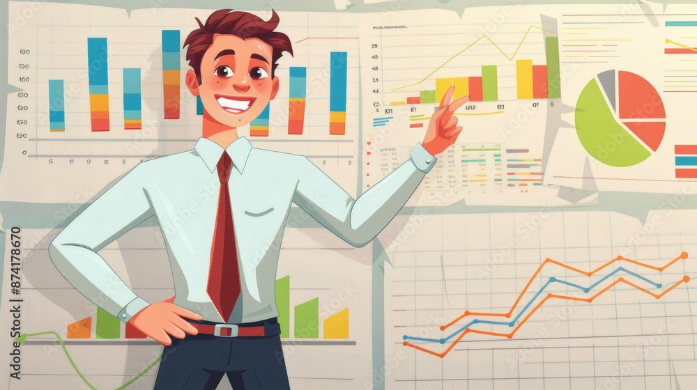 Smiling cartoon businessman pointing at financial chart and sales data ...