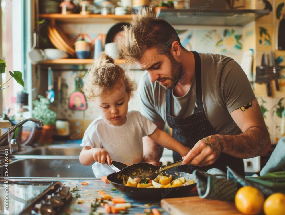 Single dad cooking with toddler in vibrant kitchen. Warm lighting ...