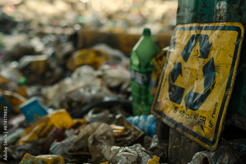 Waste material with recycling sign symbolizes the challenge of waste ...