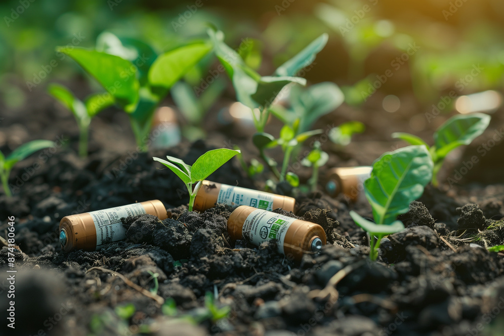 Used batteries in the soil where plants grow. Concept of environmental ...