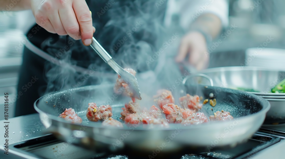 Chef cooking meat in a skillet on a stovetop in a professional kitchen ...