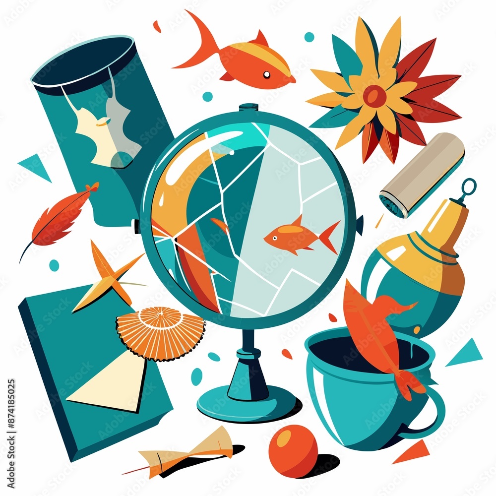 collage, collage of random objects and words, with broken mirror and ...