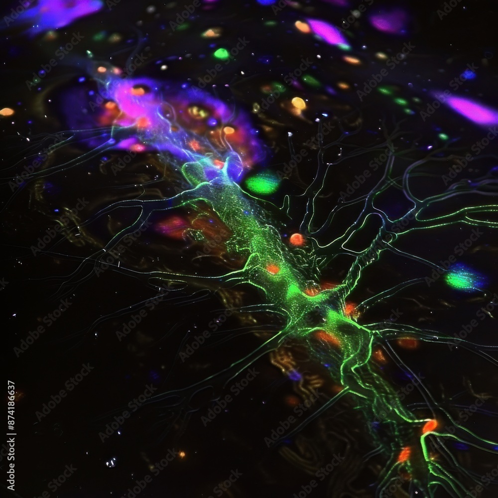 Firing neuron in brain, electrical signals visible. Zeiss LSM 980 confocal microscope with ...